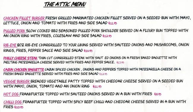 Menu at The Attic Bar, Swords