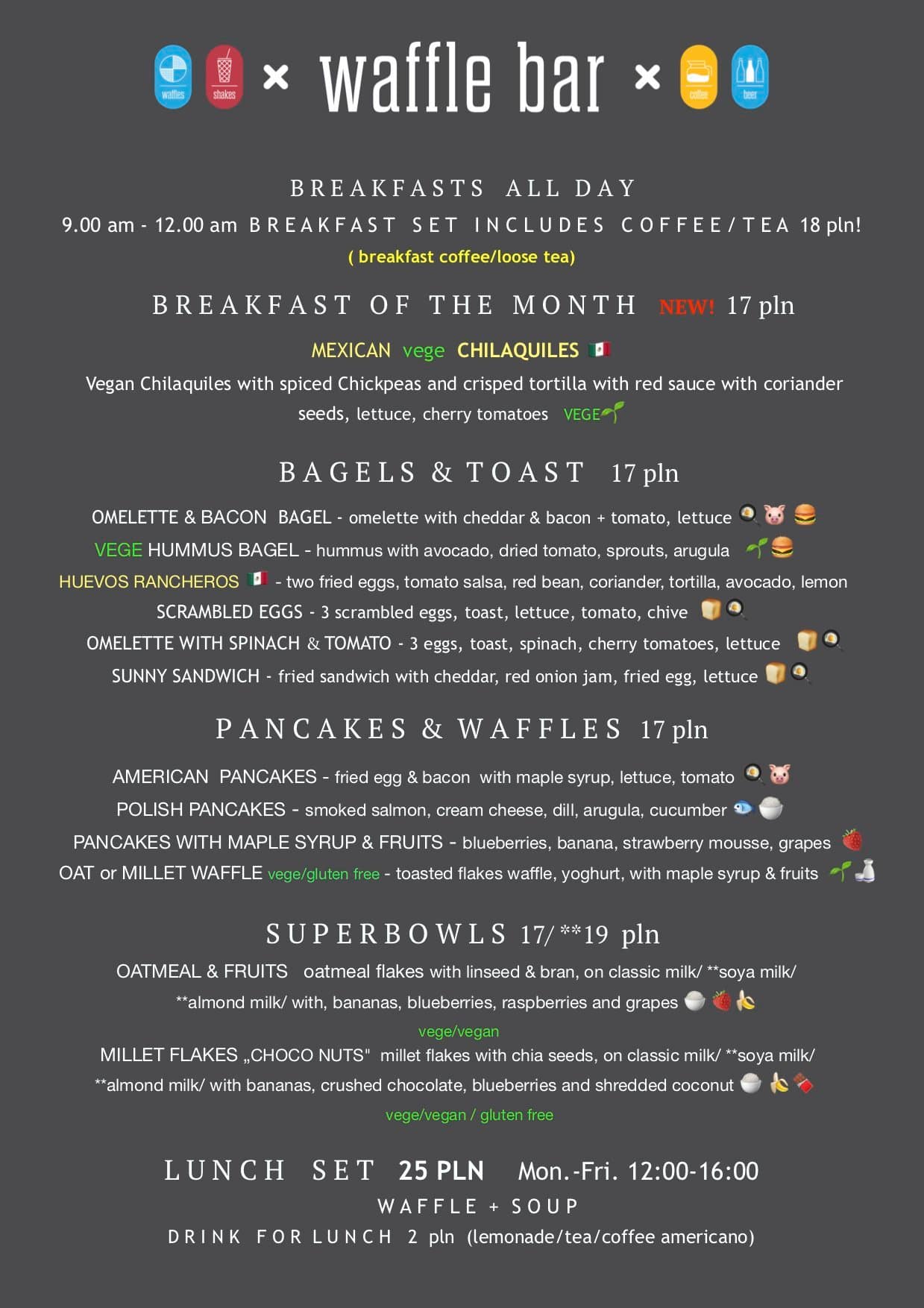 Menu at Waffle Bar, Warsaw, Akademicka 1