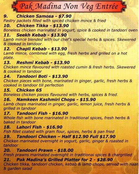 Menu at Pak Madina Indian Pakistani Cuisine, Parramatta