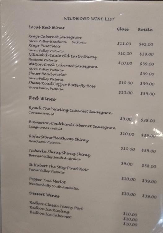 Menu at Wildwood Grill & Tavern restaurant, Hurstbridge