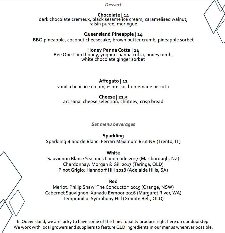 Menu at Lyrebird restaurant, Brisbane City, Melbourne St