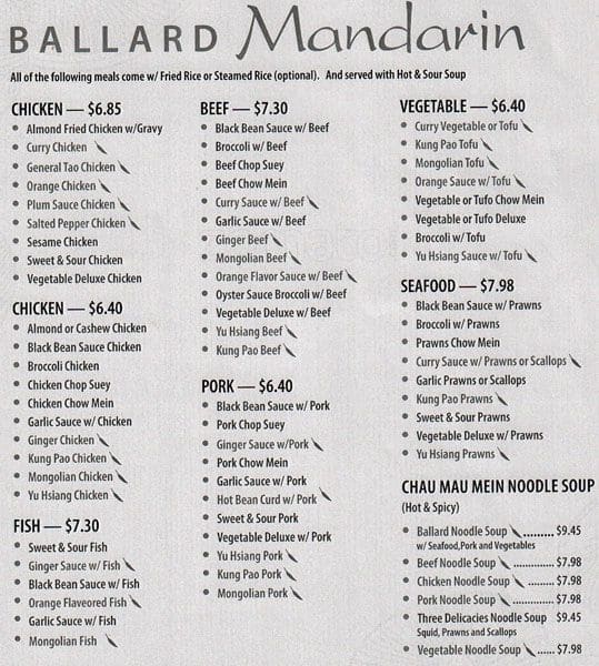 Menu at Ballard Mandarin Chinese Restaurant, Seattle