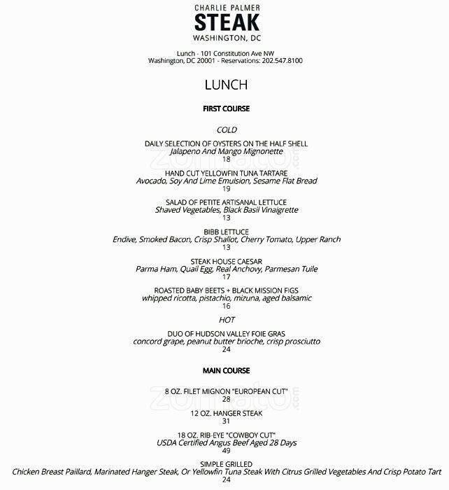 Menu at Charlie Palmer Steak restaurant, Washington