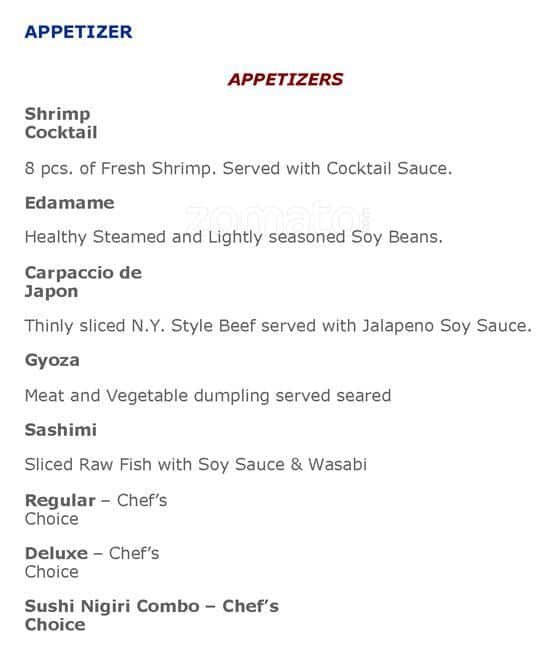 Okada Japanese Steakhouse Menu - Urbanspoon/Zomato