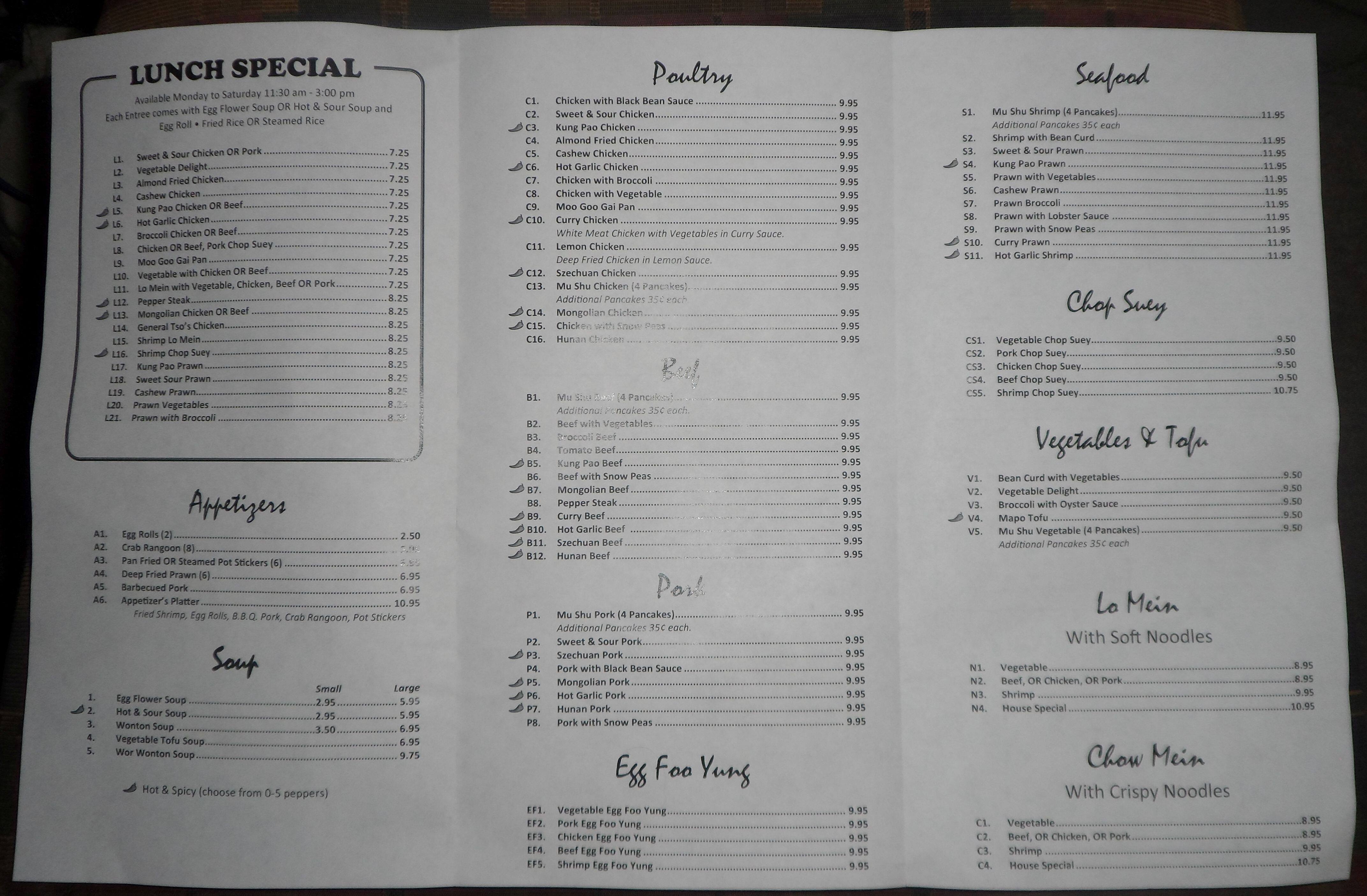 Menu at Chang Sing Restaurant, Moscow