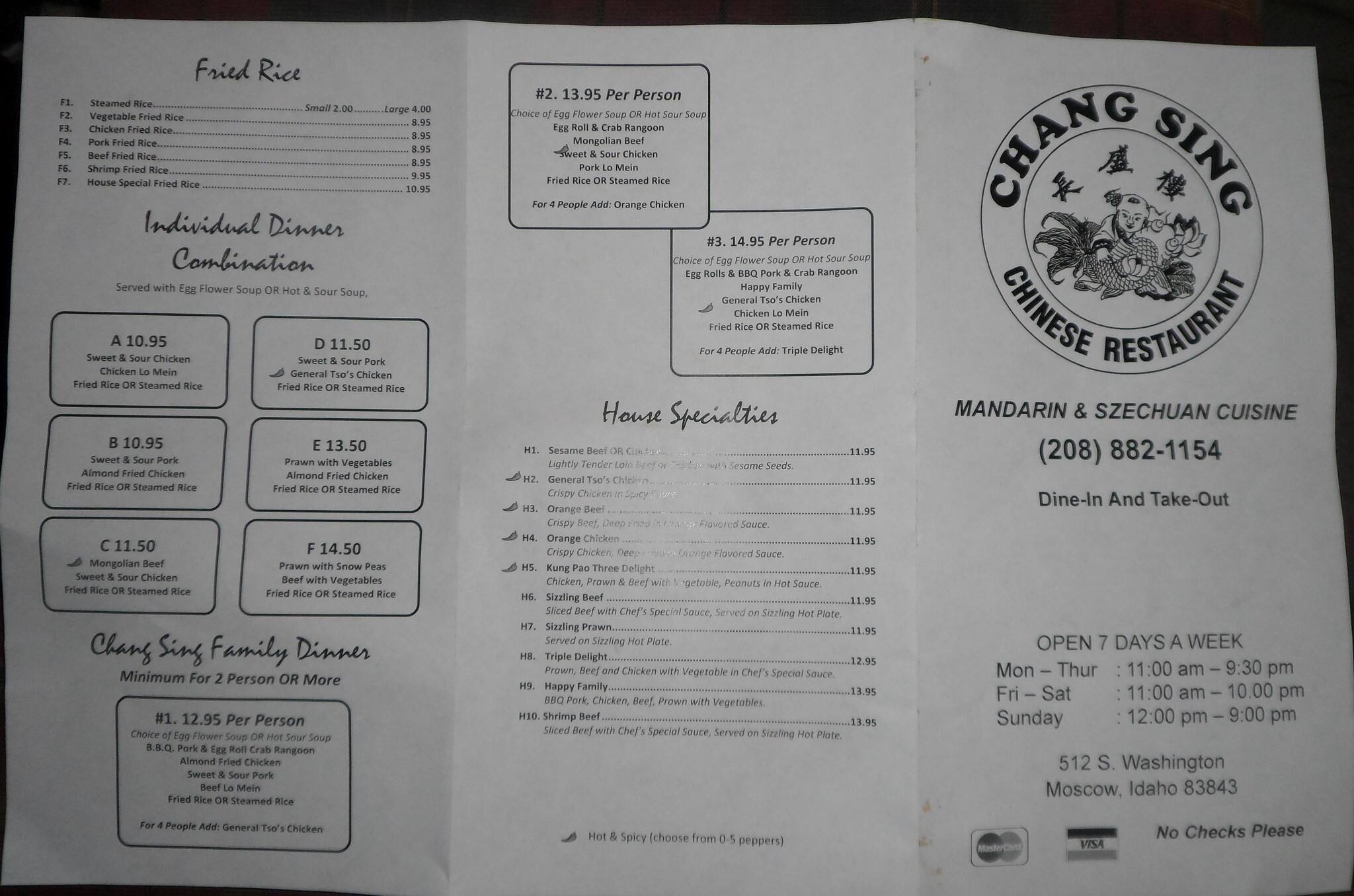 Menu at Chang Sing Restaurant, Moscow