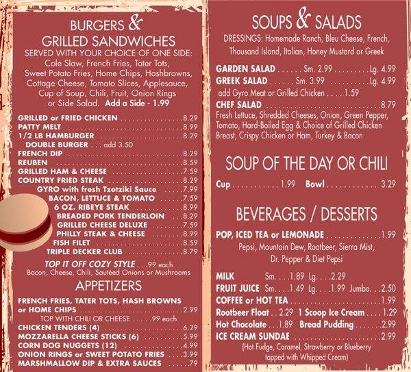Menu at Cozy Coney Cafe, Osage Beach