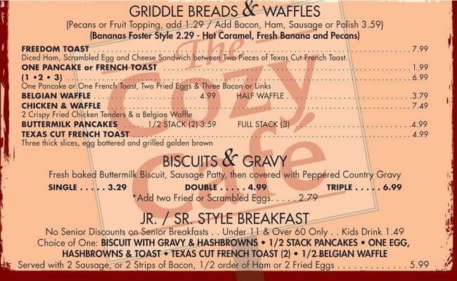 Menu at Cozy Coney Cafe, Osage Beach