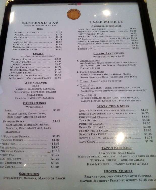 Menu at Yazoo Pass cafe, Clarksdale