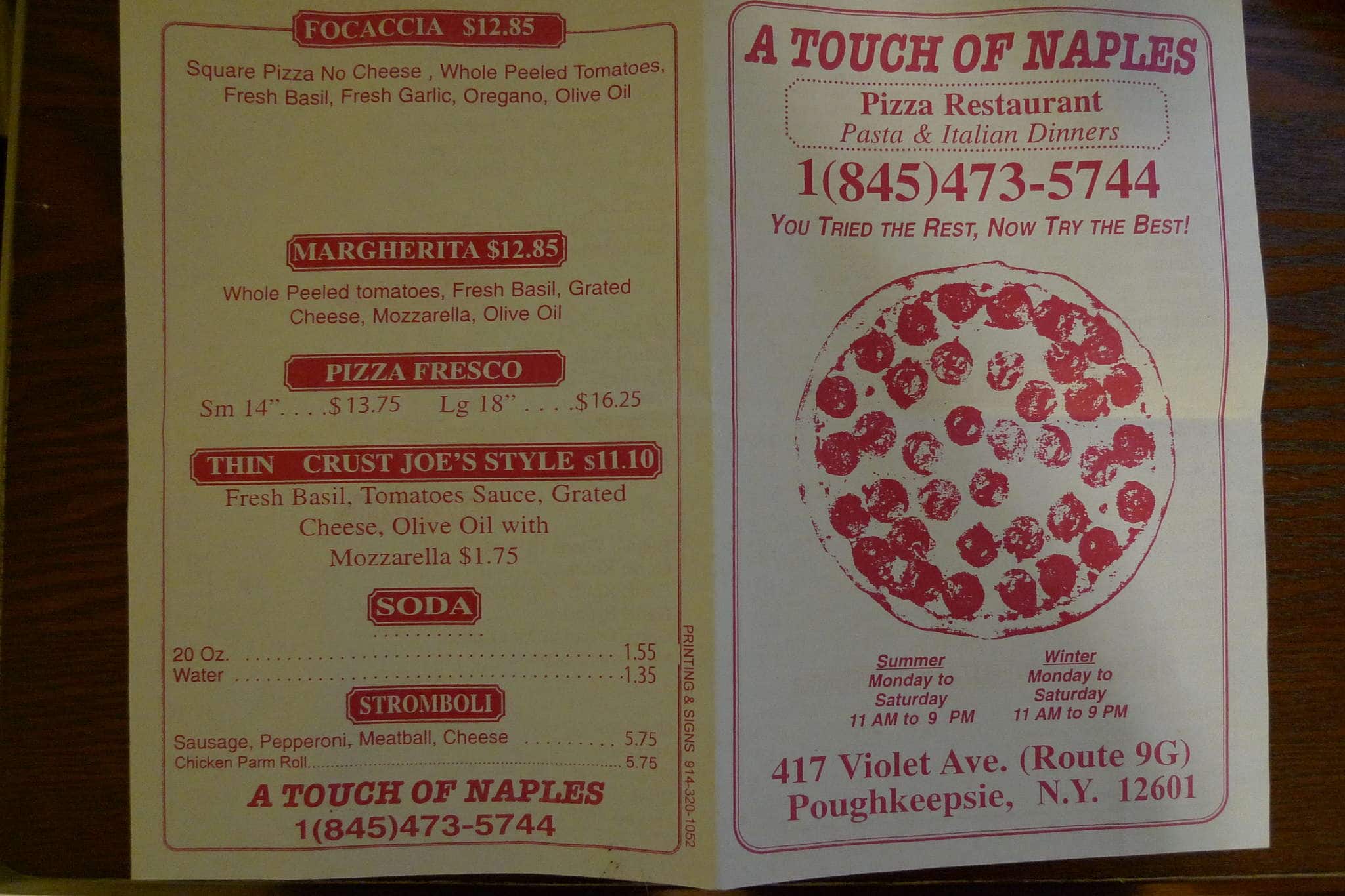 Menu at A Touch of Naples pizzeria, Poughkeepsie