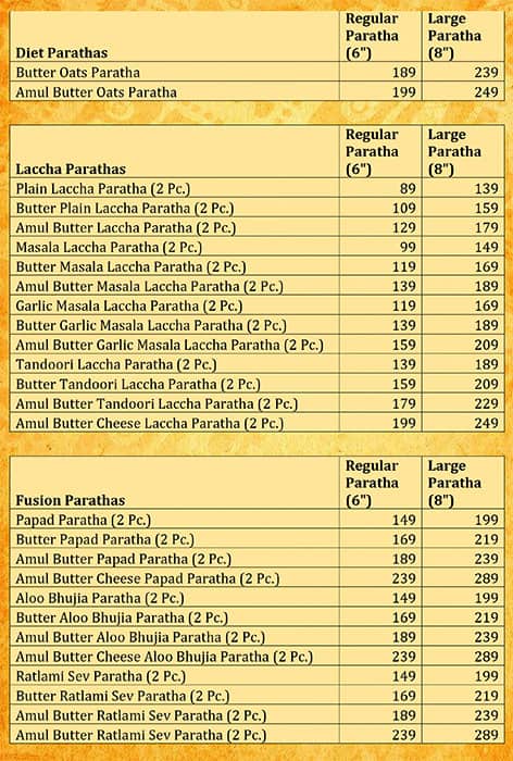 Menu at Annapoorna Paratha Stall, Mumbai, 25