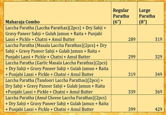 Menu at Annapoorna Paratha Stall, Mumbai, 25
