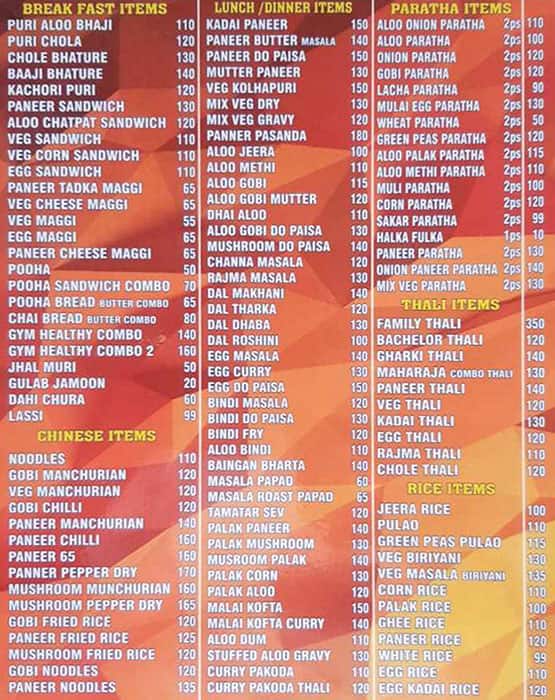 Menu of Rajdhani Dhaba, Whitefield, Bangalore