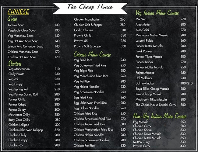 Menu of The Chaap House, CBD-Belapur, Navi Mumbai