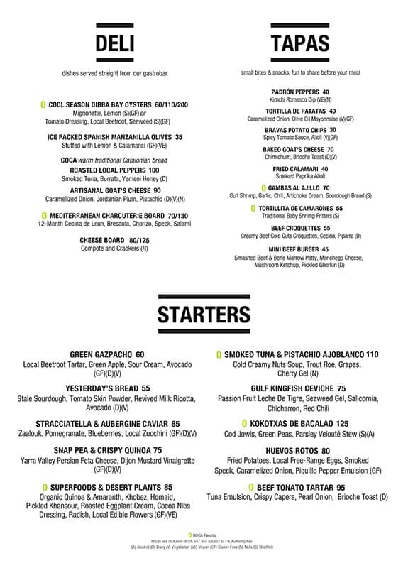 Menu of Boca, DIFC, Dubai