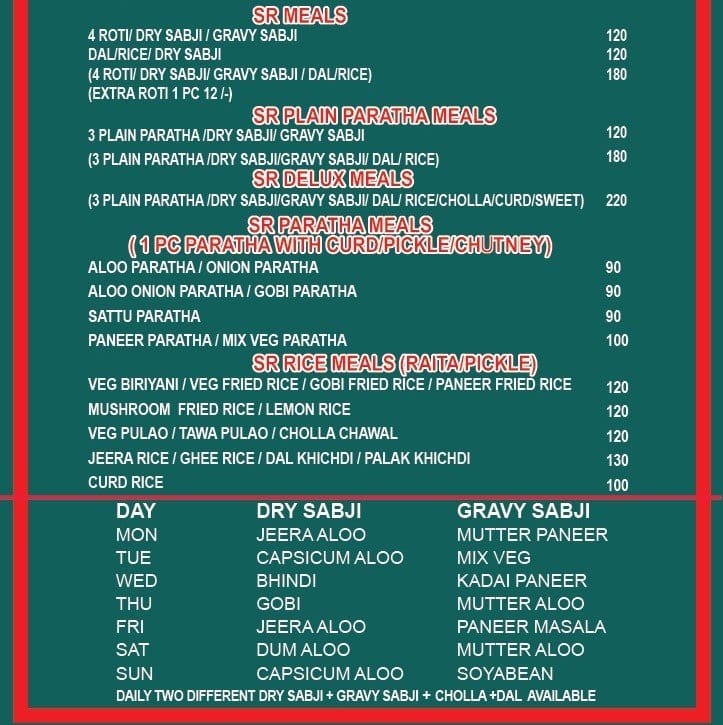 Menu of SR Meals, Koramangala 2nd Block, Bangalore