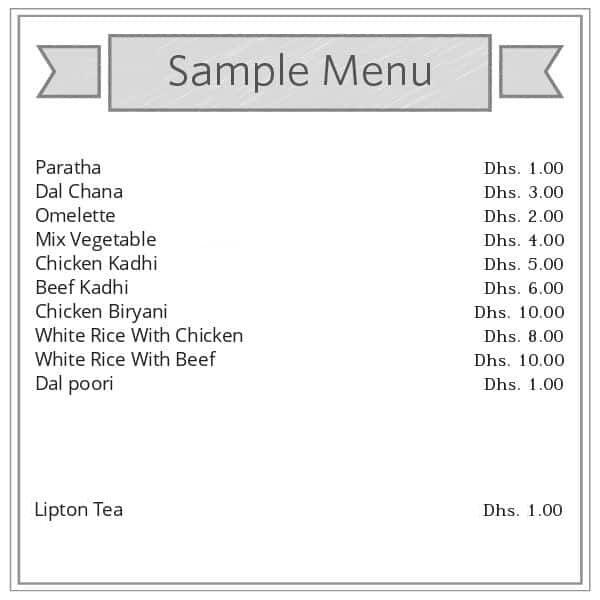 Menu of Fresh Code, Mussafah Sanaiya, Abu Dhabi