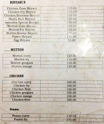 Menu at Amrutha, Visakhapatnam, Near Jaggarao Bridge