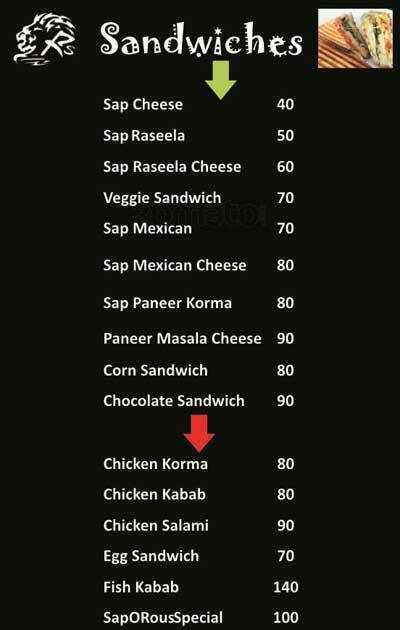 Menu at Sap.O.Rous, New Delhi, G-48