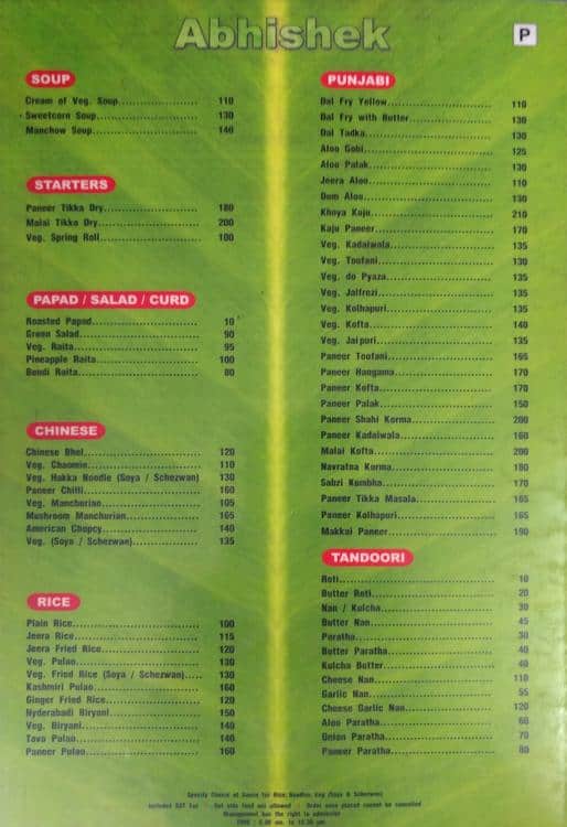 Menu at Abhishek Restaurant, Surat