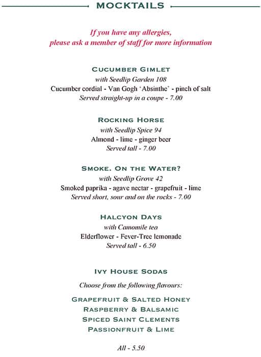 Menu at The Ivy restaurant, London, 1-5 West St