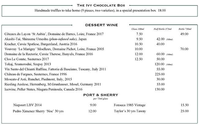 Menu at The Ivy restaurant, London, 1-5 West St