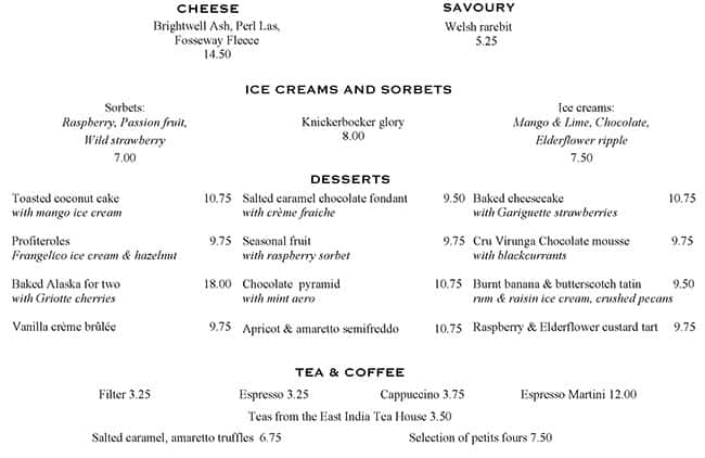 Menu at The Ivy restaurant, London, 1-5 West St