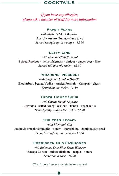 Menu at The Ivy restaurant, London, 1-5 West St