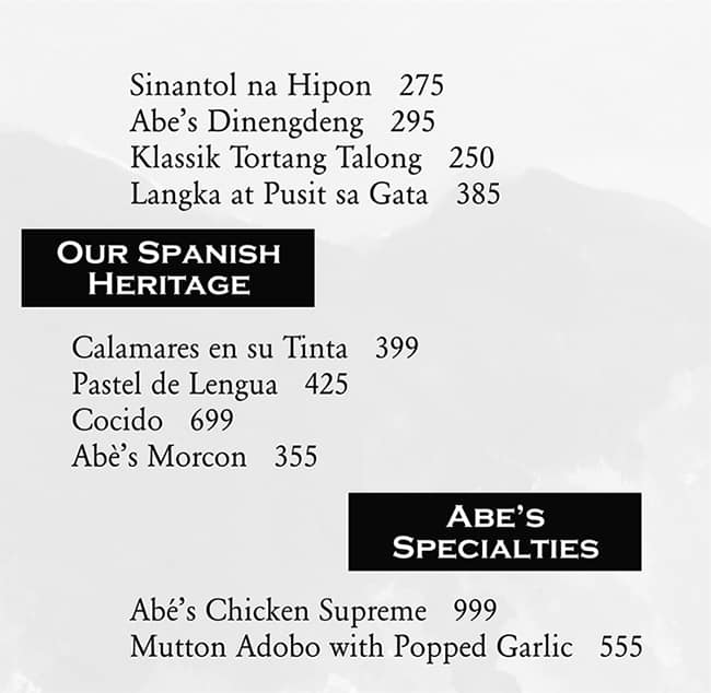 Menu at Abe pub & bar, Pasay