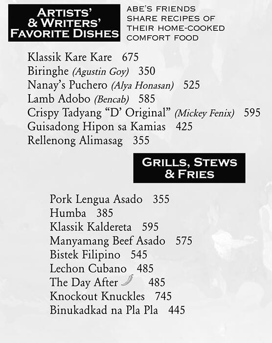 Menu at Abe pub & bar, Pasay