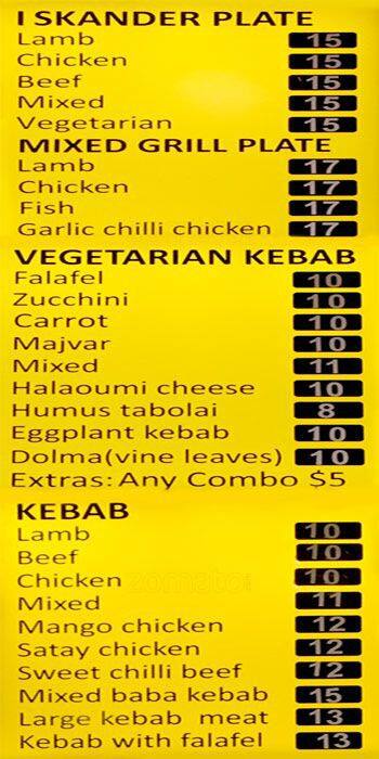 Menu at Cafe Baba, Wellington