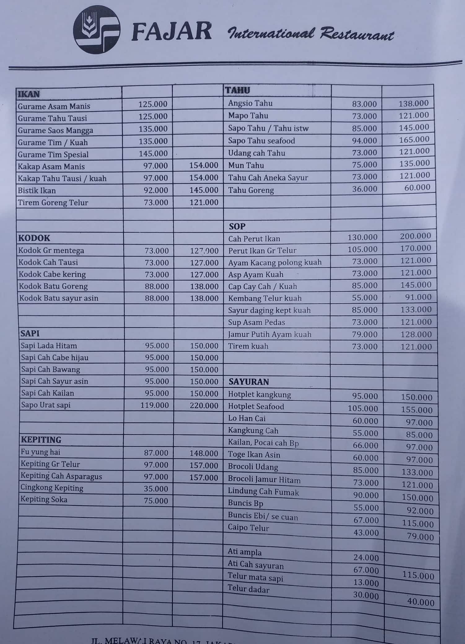 Menu at Fajar International Restaurant, Jakarta, Gang Hj. Briti 38 Jln ...