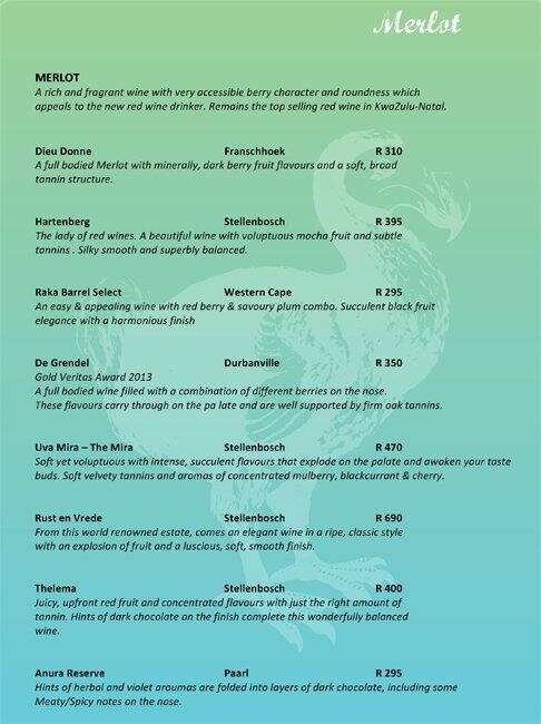 Menu at Ile Maurice restaurant, Umhlanga