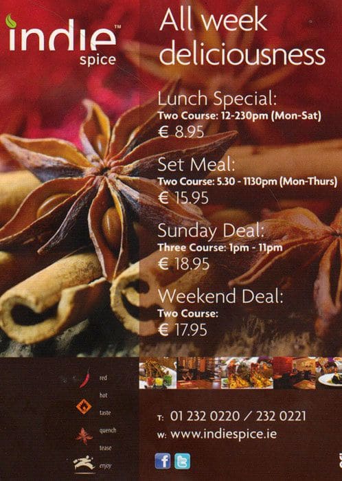 Menu at Indie Spice Grill restaurant, Swords, Burgundy House