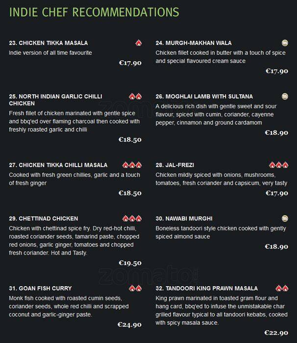 Menu at Indie Spice Grill restaurant, Swords, Burgundy House