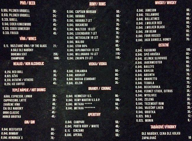 Menu at Cocktail Pub Pulp Fiction, Prague, Jagellonská 2428/17