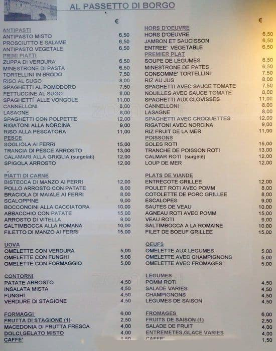 Menu at Al Passetto di Borgo restaurant, Rome
