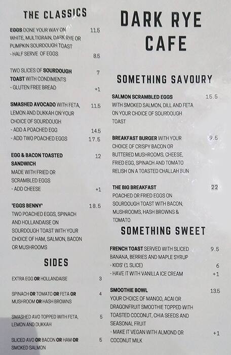 Menu at Dark Rye Cafe, Doncaster