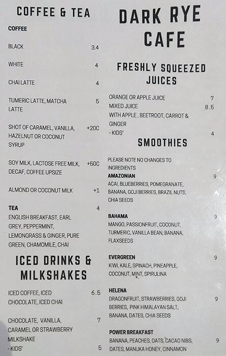 Menu at Dark Rye Cafe, Doncaster