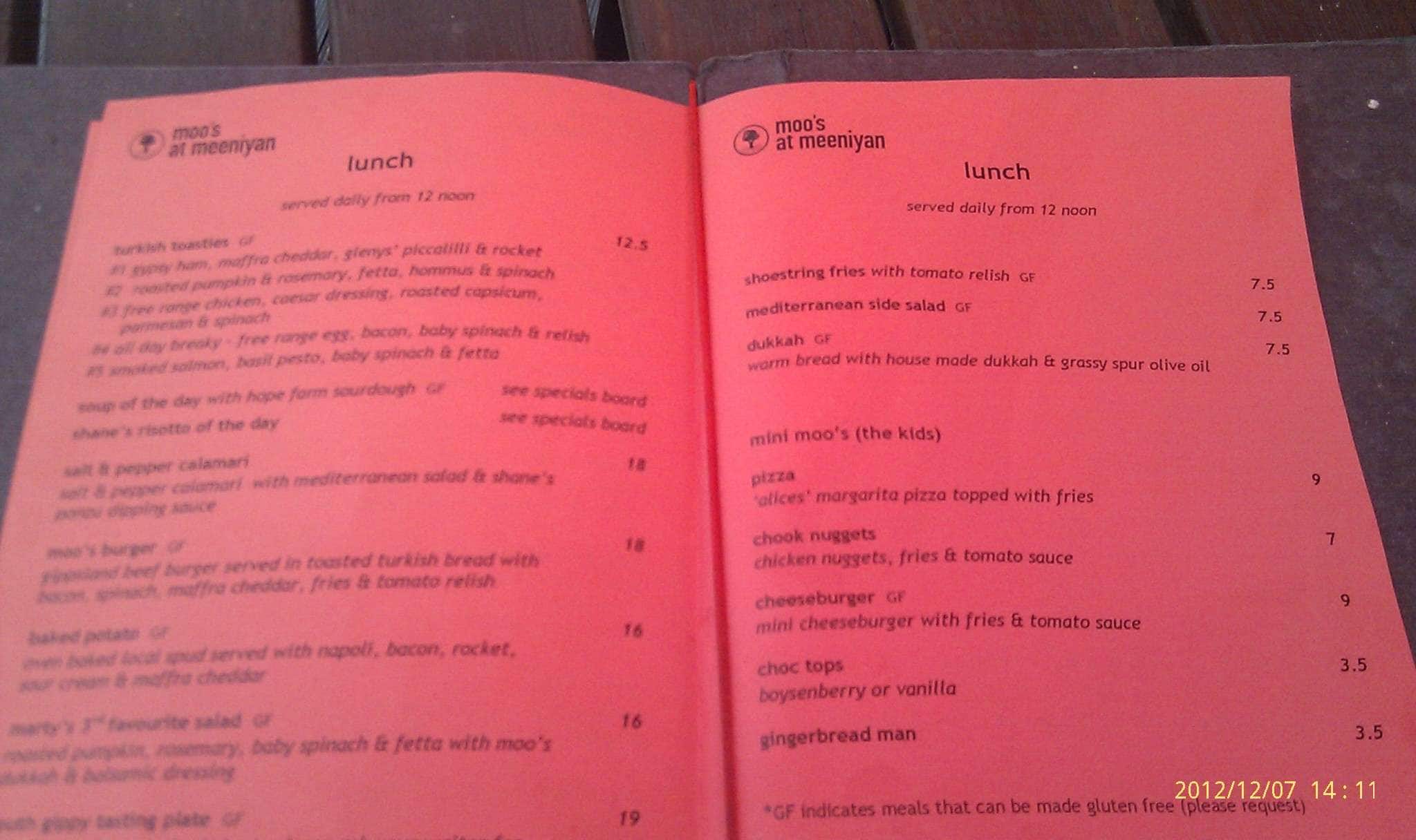 Menu at Moo's at Meeniyan restaurant, Meeniyan