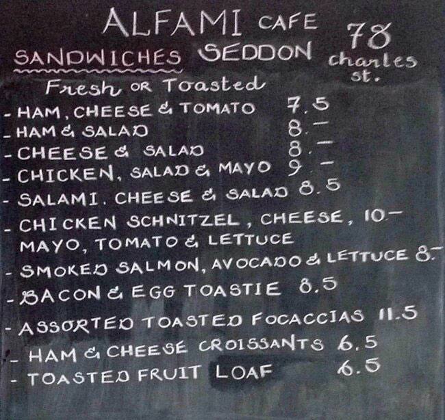 Menu at Alfami Cafe, Seddon