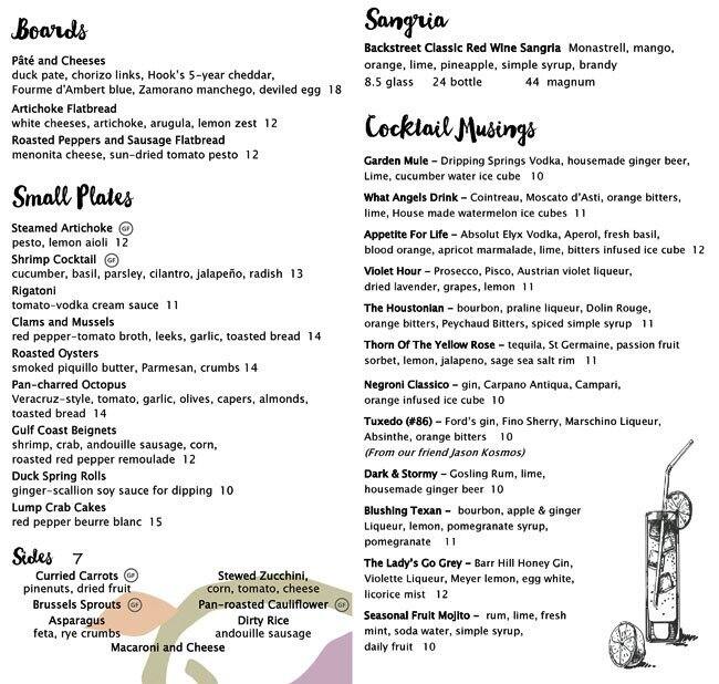 Menu at Backstreet Cafe, Houston