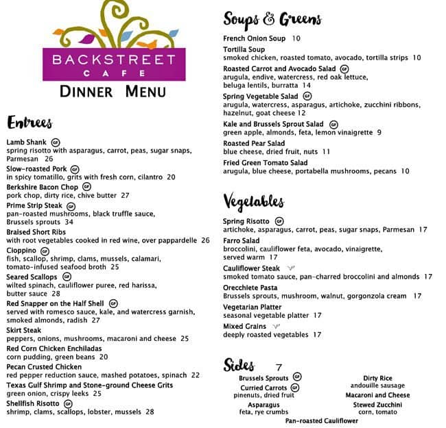Menu at Backstreet Cafe, Houston