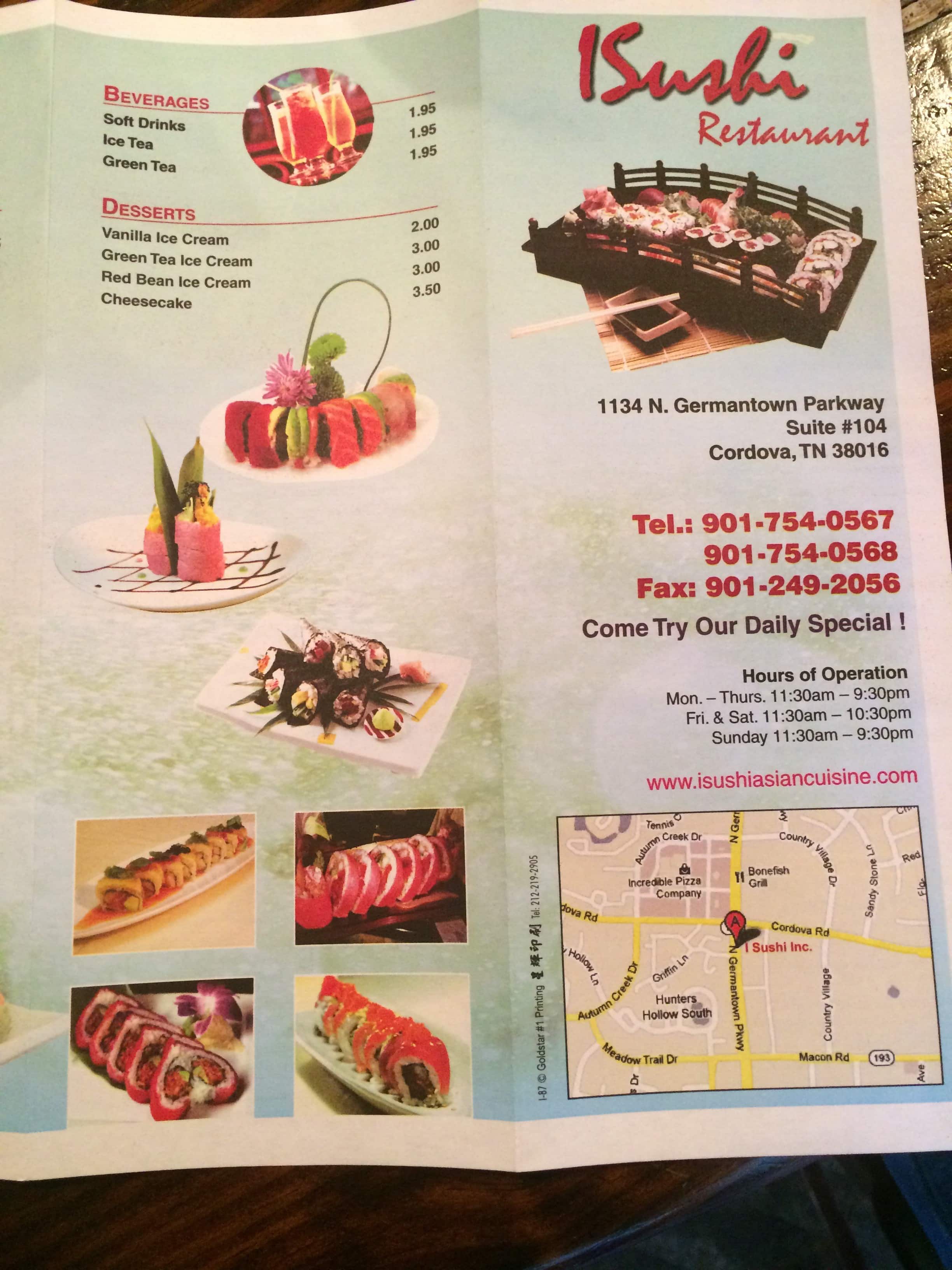 Menu at iSUSHi restaurant, Memphis