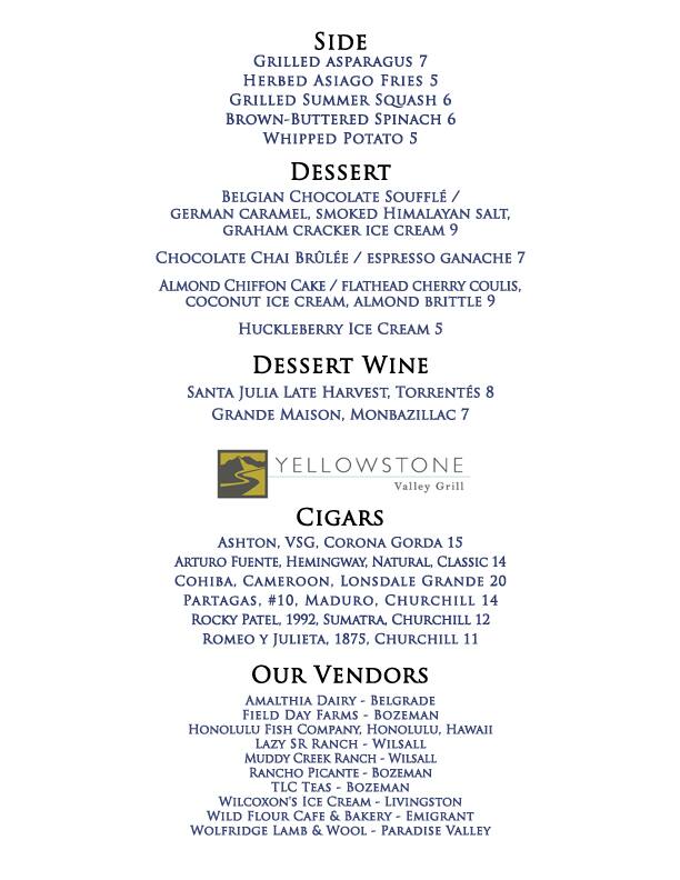 Menu at Yellowstone Valley Grill restaurant, Pray, US-89