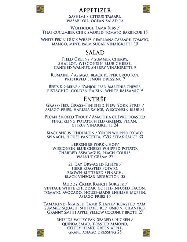 Menu at Yellowstone Valley Grill restaurant, Pray, US-89