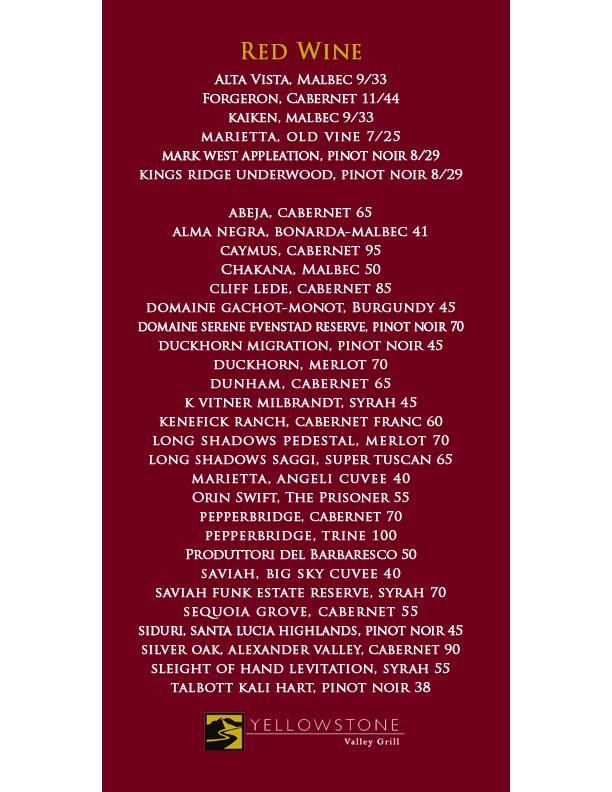 Menu at Yellowstone Valley Grill restaurant, Pray, US-89