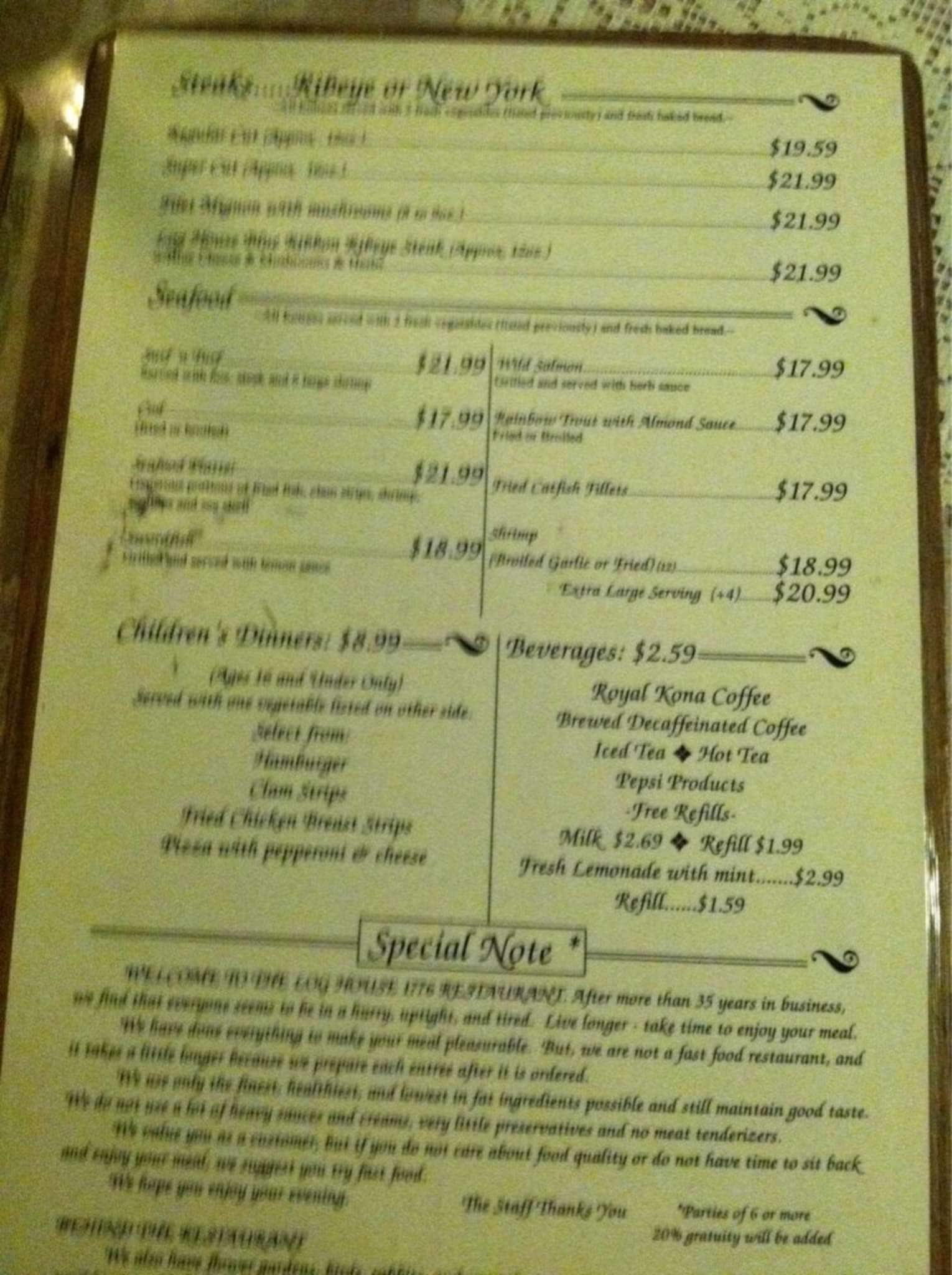 Menu at Log House 1776 Restaurant, Wytheville