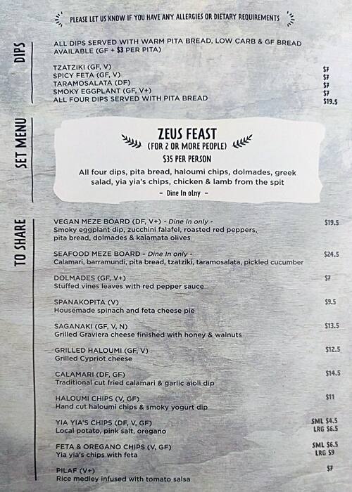 Menu at Zeus Street Greek South Bank restaurant, Brisbane City