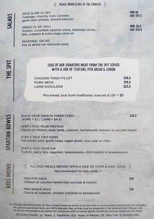 Menu at Zeus Street Greek South Bank restaurant, Brisbane City